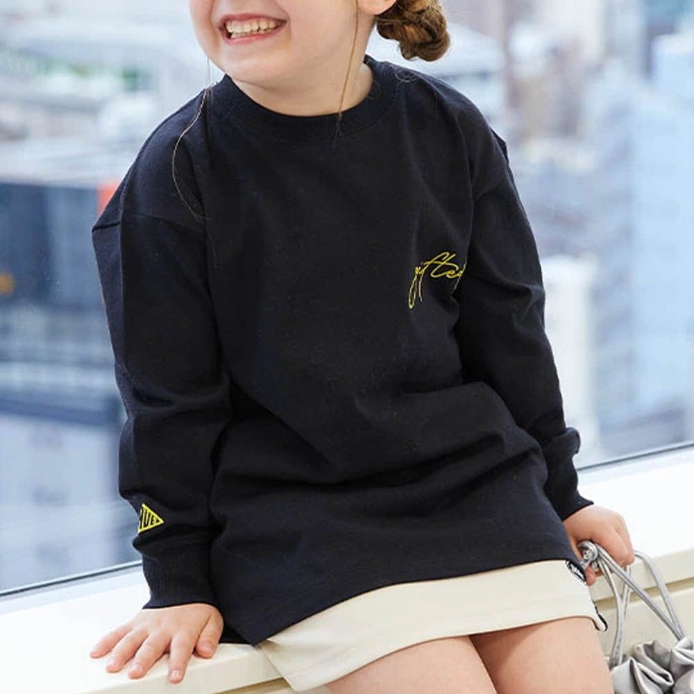 日本 devirock - 100%棉 美式logo廓形長袖上衣-手寫logo-黑｜媽咪愛