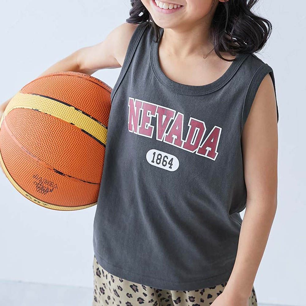 日本 devirock - 100%棉 定番印花無袖上衣-英文logo-灰黑｜媽咪愛