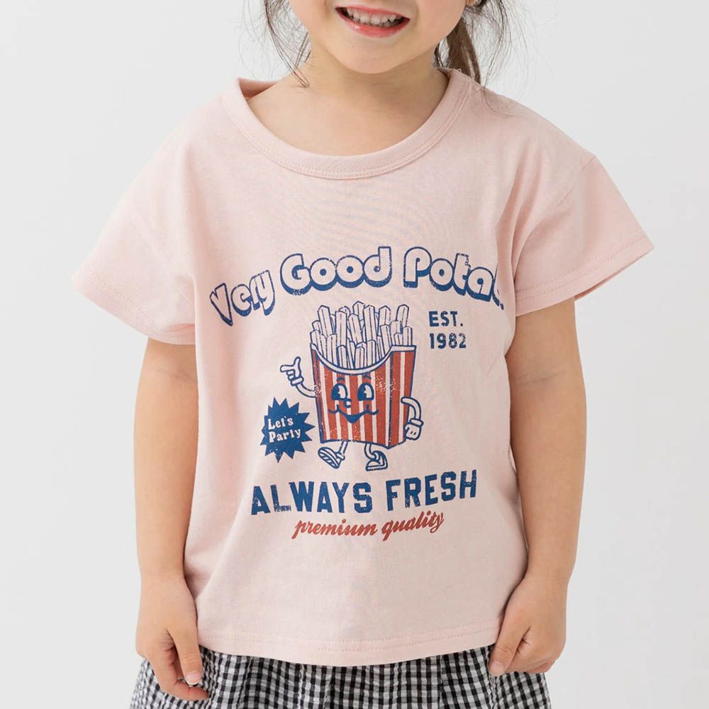 日本 Chil2 - 100%棉 可愛印花短袖上衣-薯條-粉紅｜媽咪愛