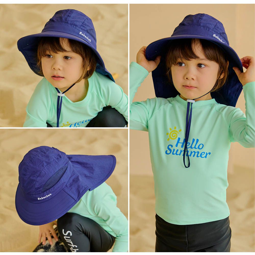 韓國 Bebechat - UPF 50+抗UV水陸兩用防曬遮脖帽/戲水帽-深藍｜媽咪愛