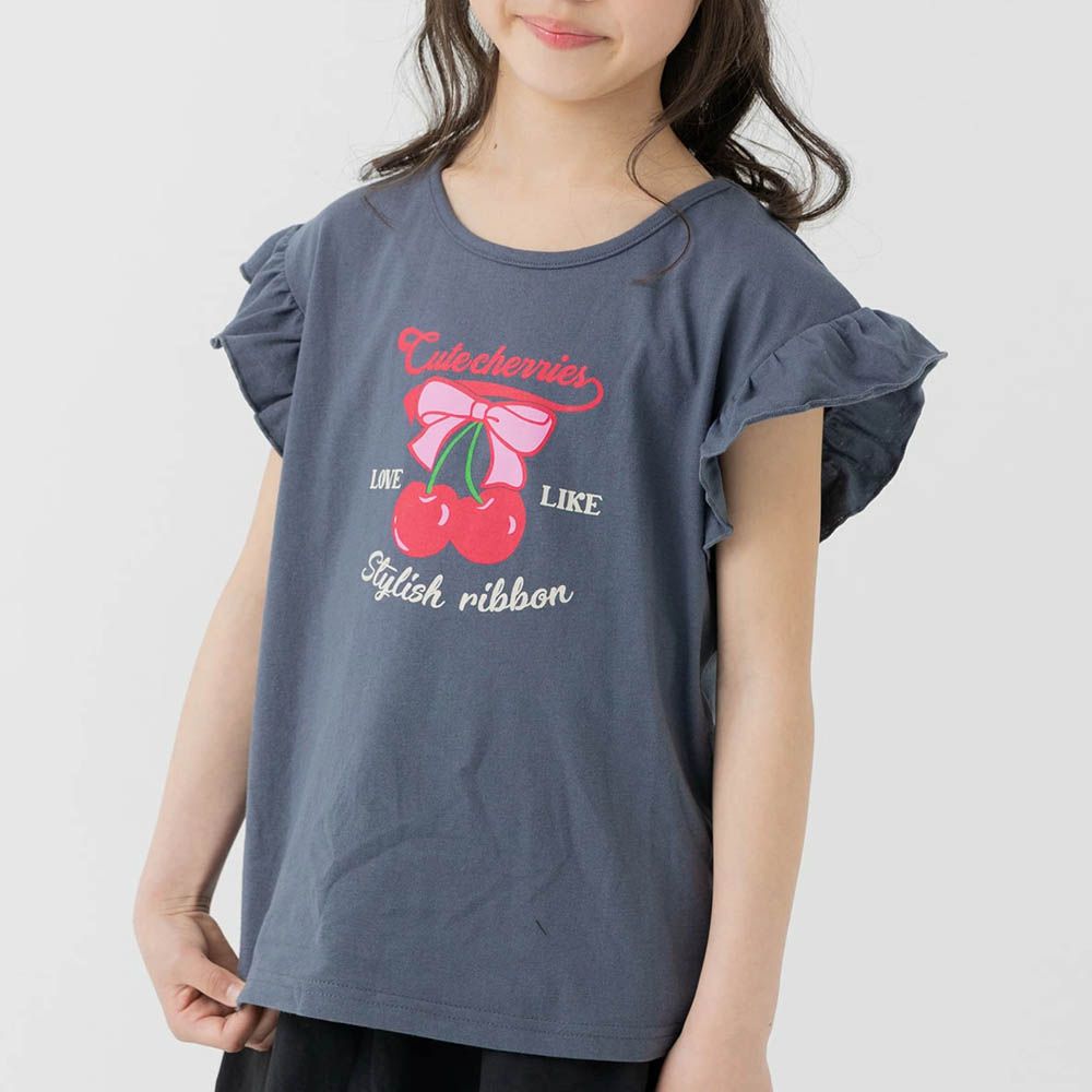 日本 Chil2 - 100%棉 荷葉邊女孩印花短袖上衣-櫻桃-灰黑｜媽咪愛