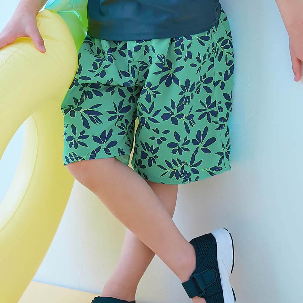 日本 devirock - 90%抗UV 鬆緊印花沙灘褲/泳褲(含內褲)-葉子-寶石綠｜媽咪愛