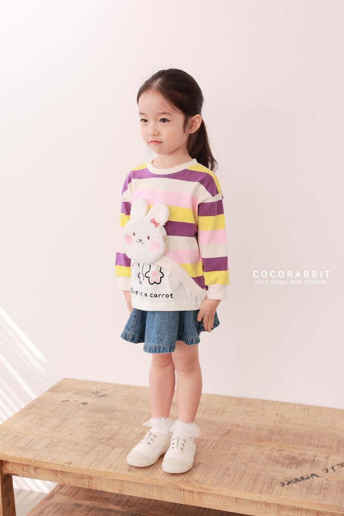 韓國 Coco rabbit - 立體毛圈白兔寬橫紋長袖上衣-黃X紫｜媽咪愛
