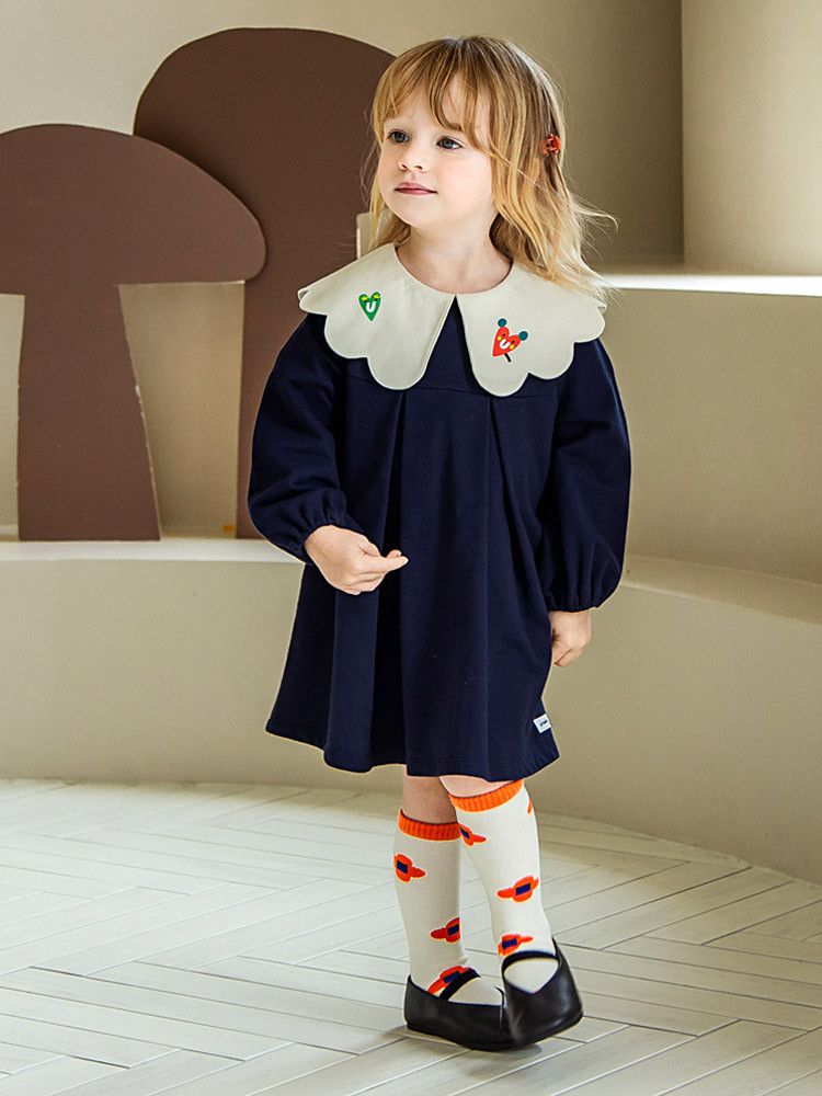 韓國Pimpollo - 愛心波浪翻領洋裝-深藍｜媽咪愛