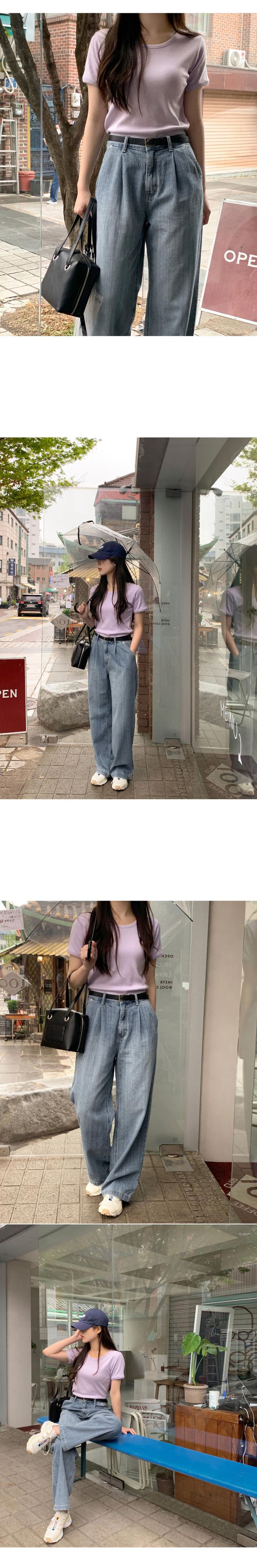 韓國 98doci - 好搭圓領修身後扣短袖上衣-薰衣草紫｜媽咪愛