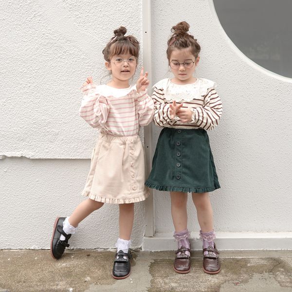 日本 Lycee mine - 心型口袋迷你荷葉燈芯絨褲裙-濃綠｜媽咪愛