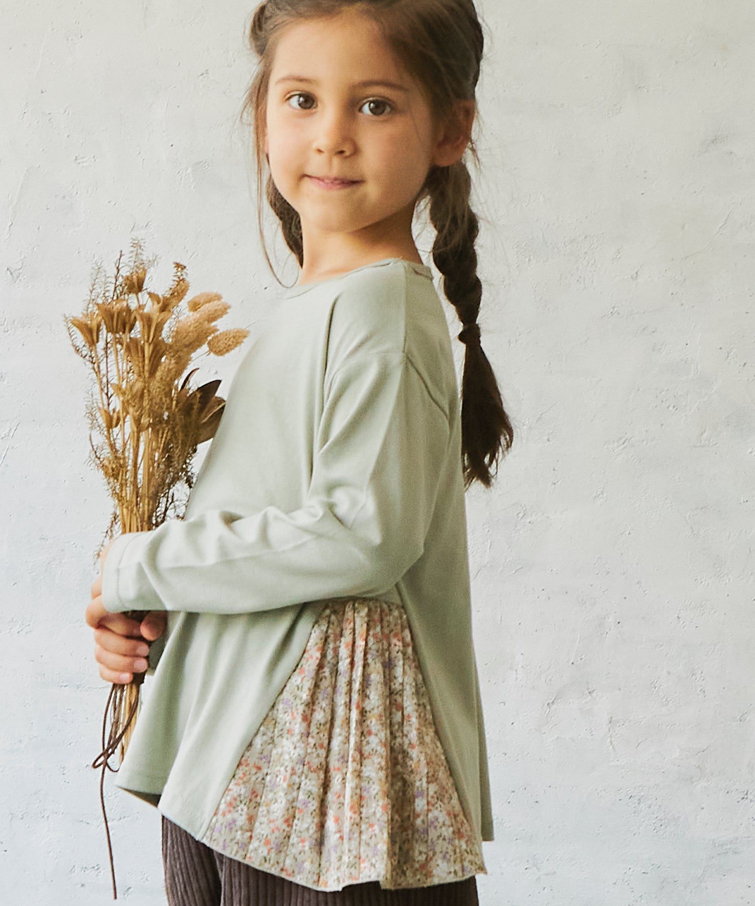 日本 PAIRMANON - 側邊拼接薄長袖上衣-秋日花田-薄荷x灰杏｜媽咪愛