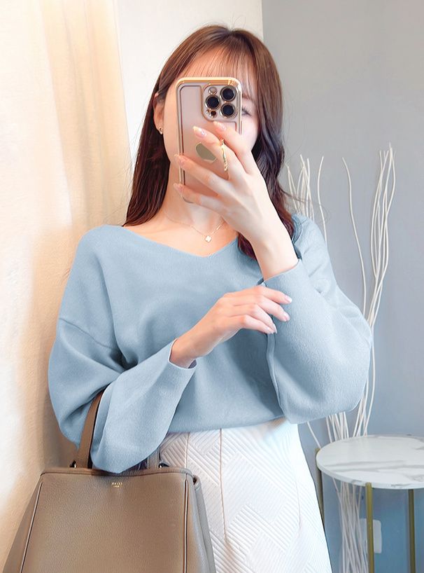 日本 GRL - 顯瘦V領簡約針織長袖上衣-粉紅 (F)｜媽咪愛