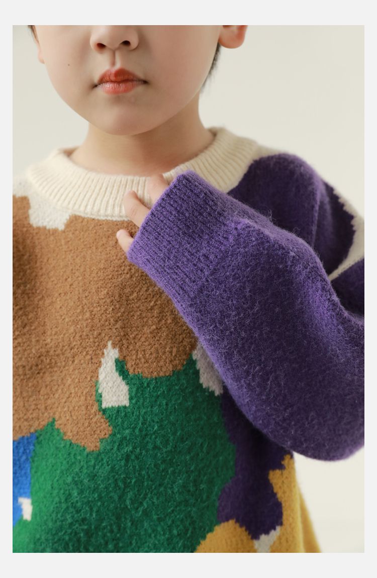 TONGMO - 落肩圓領拼色針織長袖毛衣-杏+藍+紫+黃｜媽咪愛