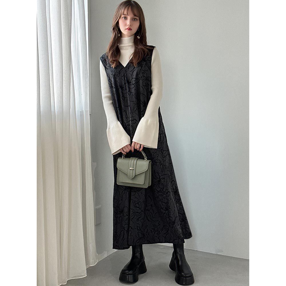 日本 GRL - V領優美緹花背心裙-黑 (F)｜媽咪愛