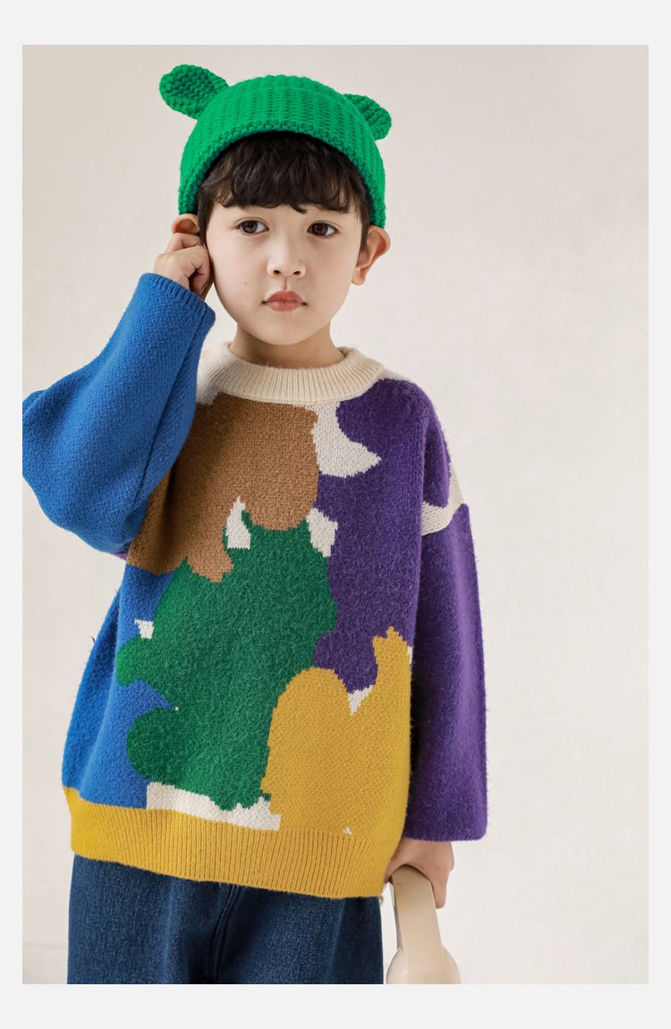 TONGMO - 落肩圓領拼色針織長袖毛衣-杏+藍+紫+黃｜媽咪愛