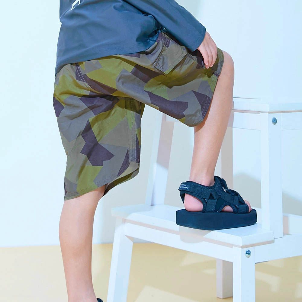 日本 devirock - 90%抗UV 鬆緊印花沙灘褲/泳褲(含內褲)-迷彩-軍綠｜媽咪愛