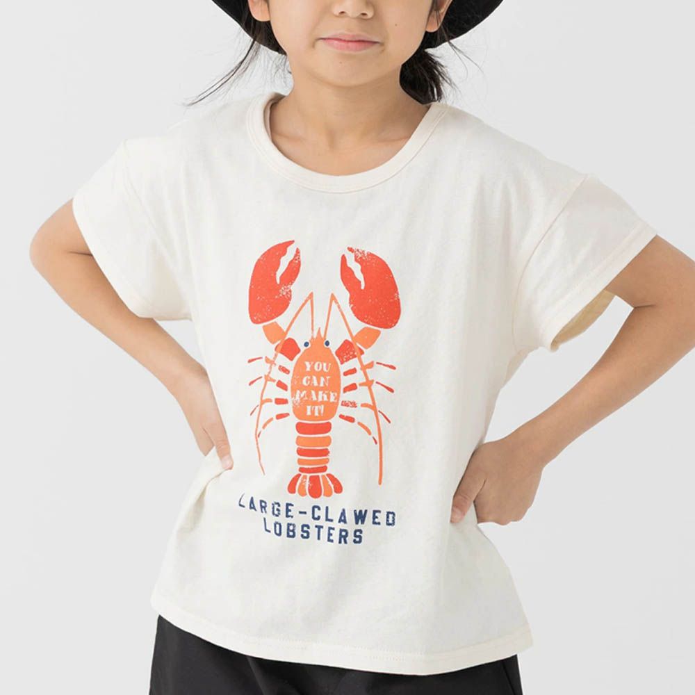 日本 Chil2 - 100%棉 定番印花短袖上衣-龍蝦-奶油白｜媽咪愛