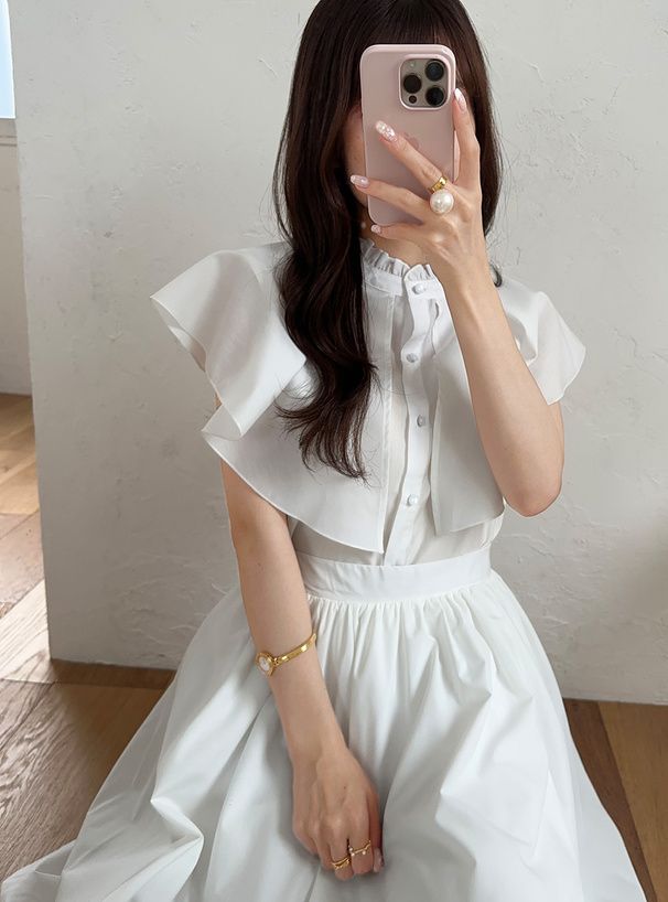 日本 GRL - 優雅木耳領排釦短袖襯衫-石英藍 (F)｜媽咪愛