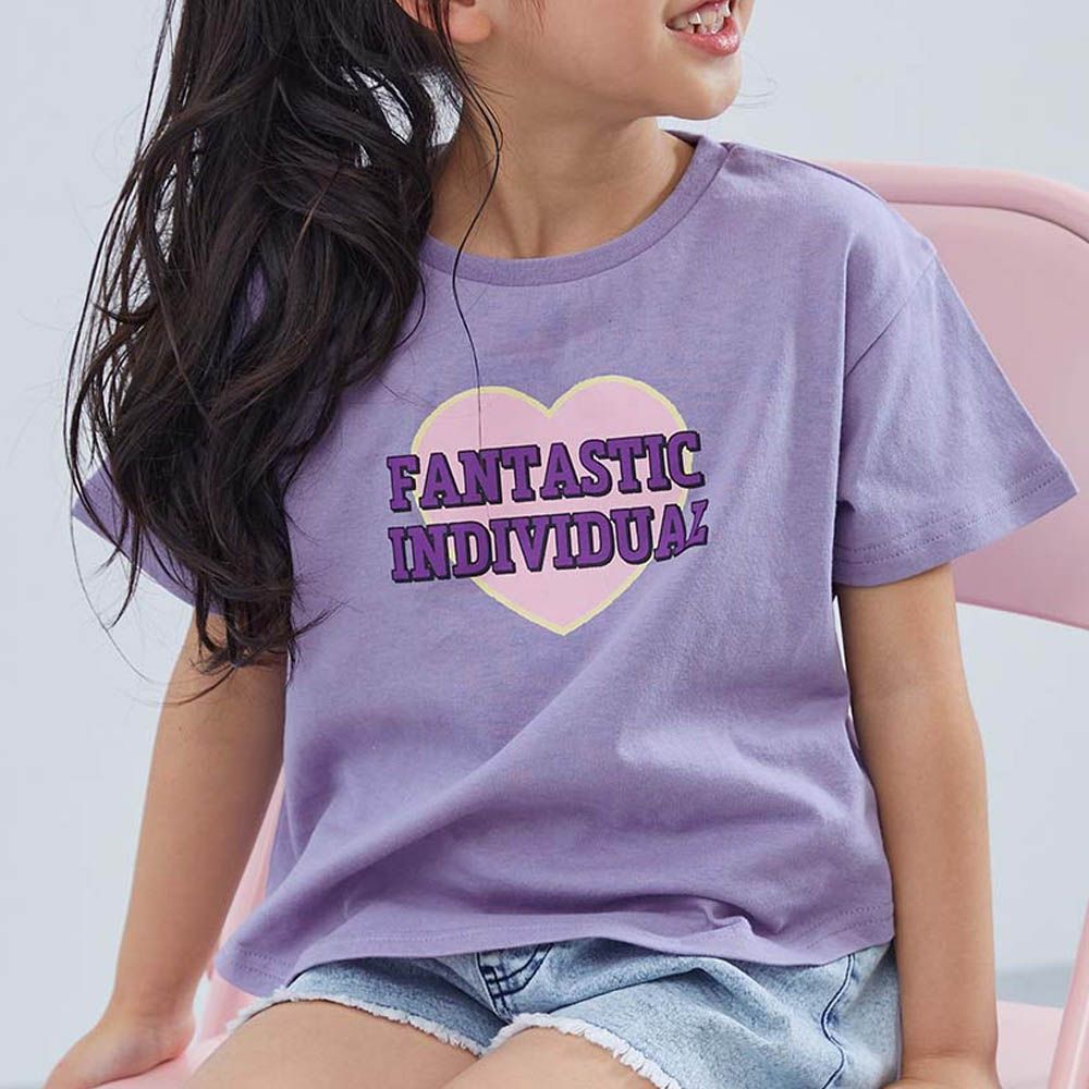 日本 devirock - 100%棉 可愛女孩印花短袖上衣-愛心logo-羅藍紫｜媽咪愛