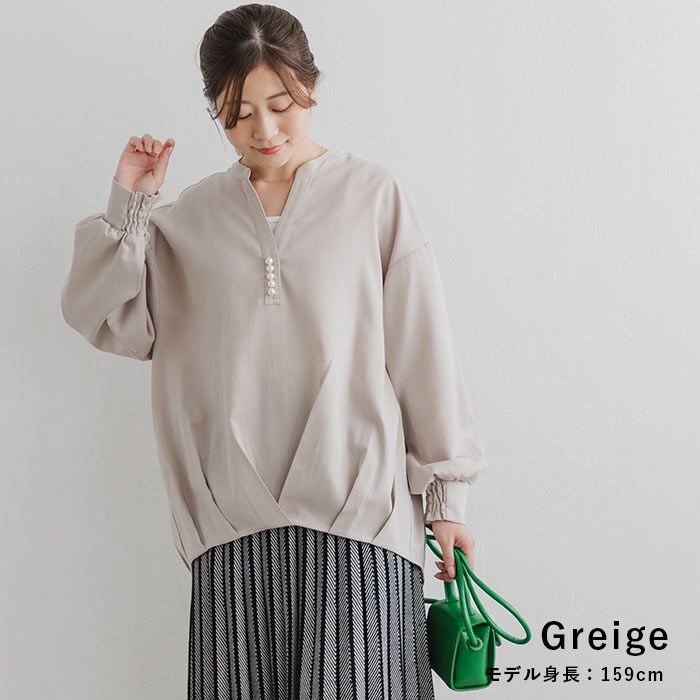 日本 ihuu - 小奢華珍珠釦V領前短後長上衣-卡其棕｜媽咪愛