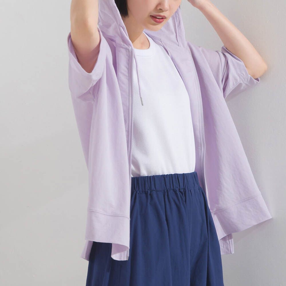 日本 OMNES - 接觸涼感 五分袖抽繩連帽外套-淡紫｜媽咪愛