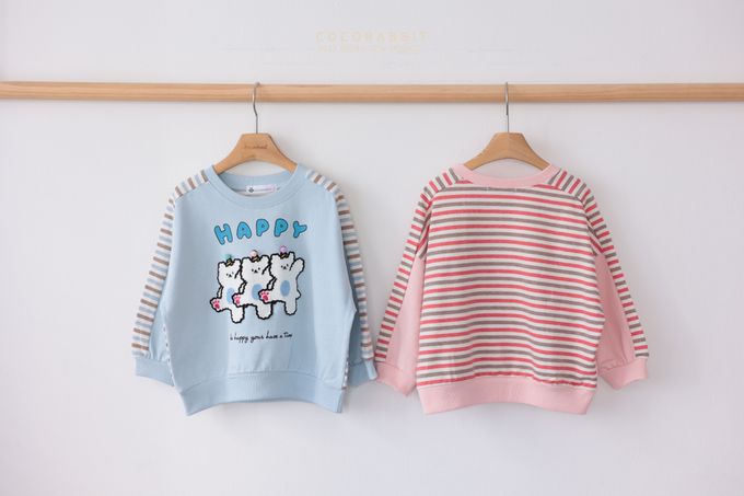 韓國 Coco rabbit - 跳舞小熊橫紋配色長袖上衣-天空藍｜媽咪愛