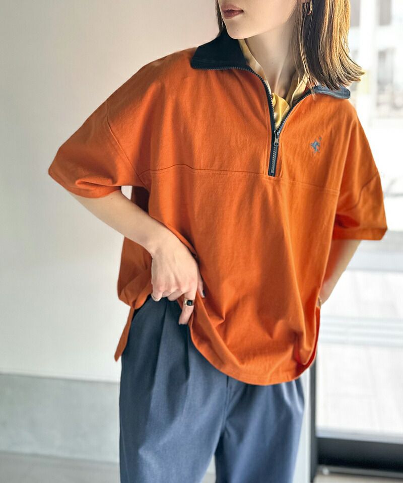 日本 Classical Elf - 100%天竺棉 POLO刺繡拉鍊短袖上衣-暖橘｜媽咪愛