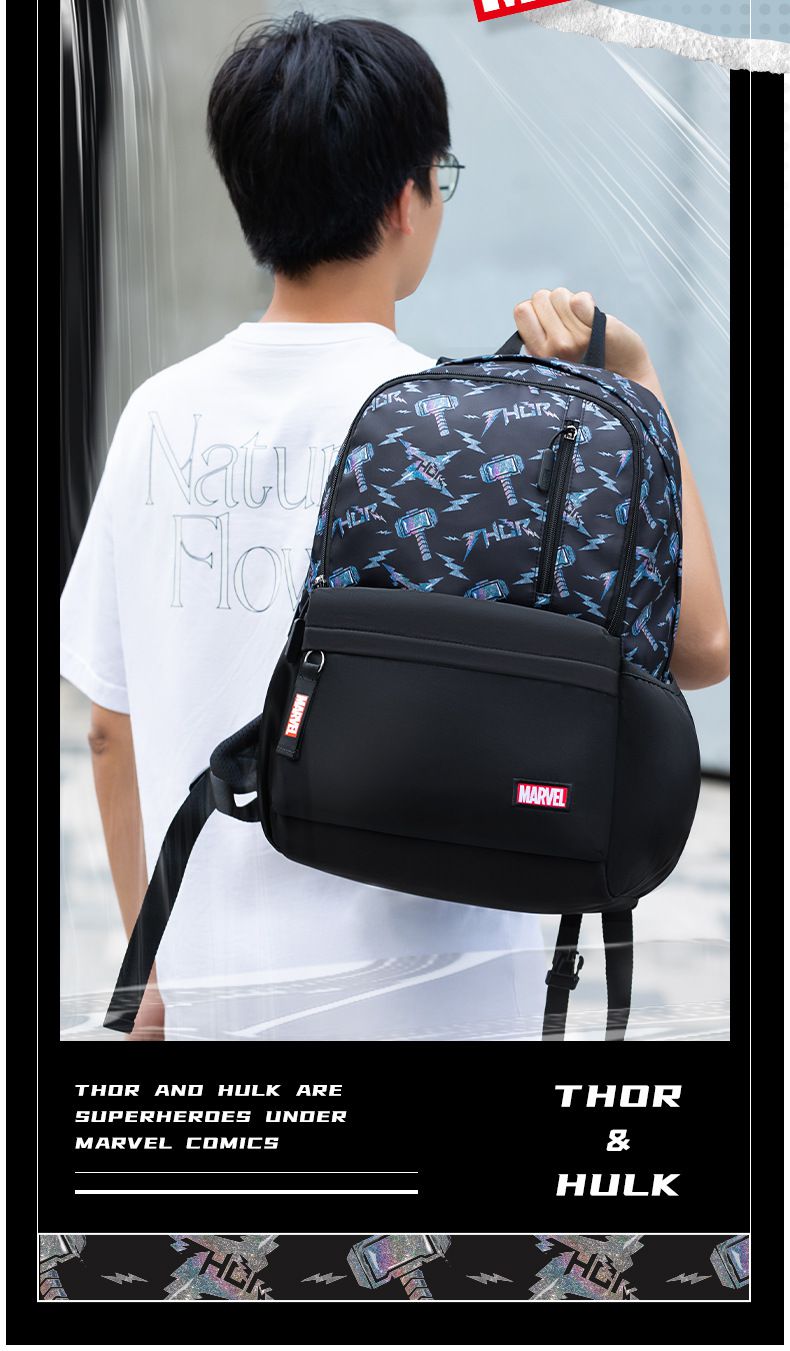 卡通防水耐磨大容量後背包/書包-卡通人物雷神-雷神之鎚-黑色 (建議110-135cm)-30x19x46cm｜媽咪愛