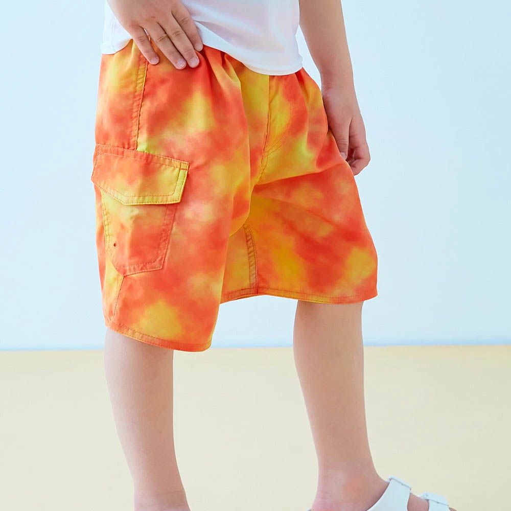 日本 devirock - 90%抗UV 鬆緊印花沙灘褲/泳褲(含內褲)-渲染-橘黃｜媽咪愛