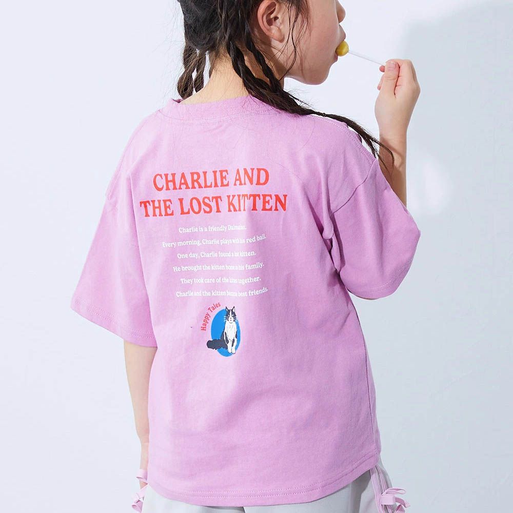 日本 devirock - 100%棉 定番可愛女孩印花短袖上衣-背後貓咪-粉紅｜媽咪愛