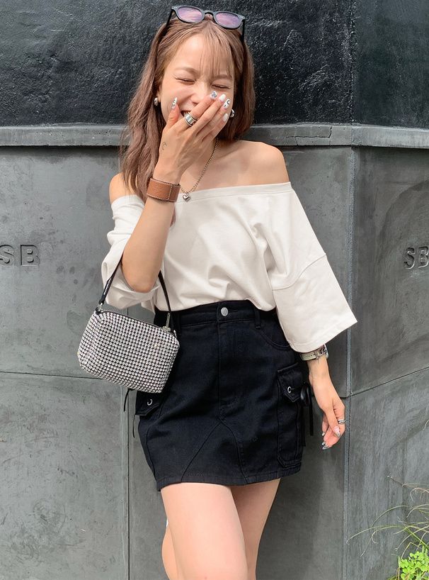 日本 GRL - 大船領輕盈感露肩T恤-灰色 (F)｜媽咪愛