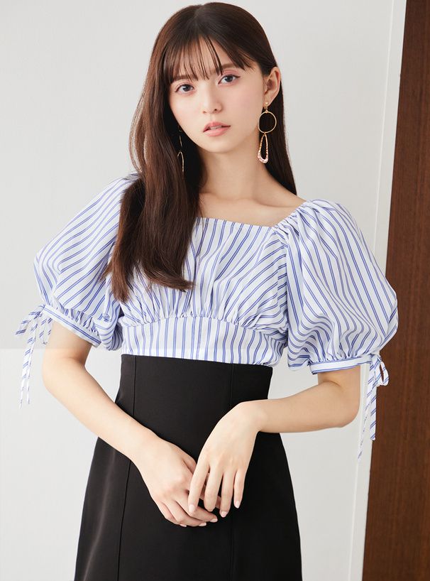 日本 GRL - 2WAY夏日感綁帶氣球袖上衣-海軍藍｜媽咪愛