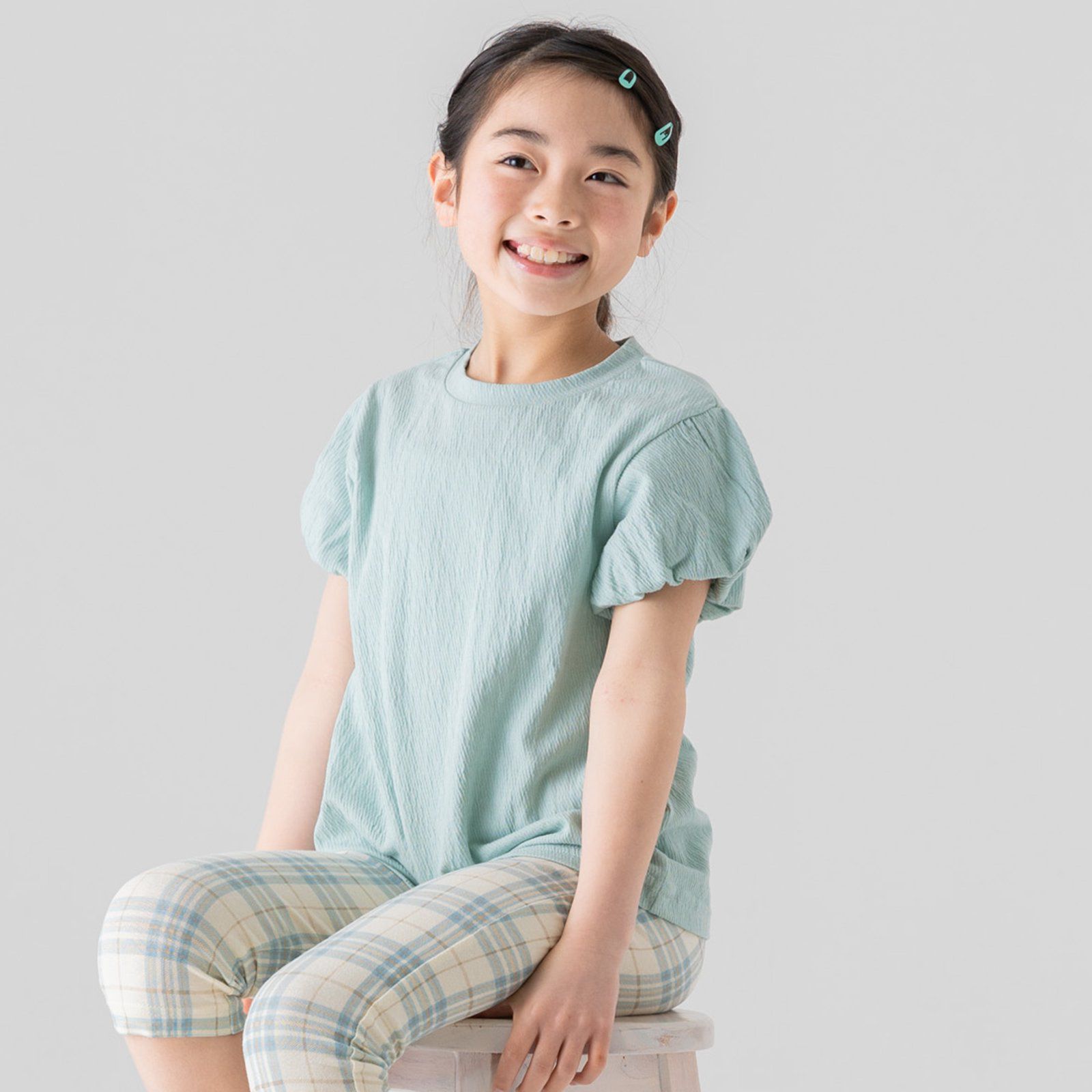 日本 Chil2 - 明亮系純色泡泡短袖上衣-薄荷綠｜媽咪愛