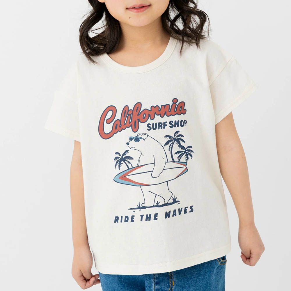 日本 Chil2 - 100%棉 可愛印花短袖上衣-渡假白熊-奶油白｜媽咪愛