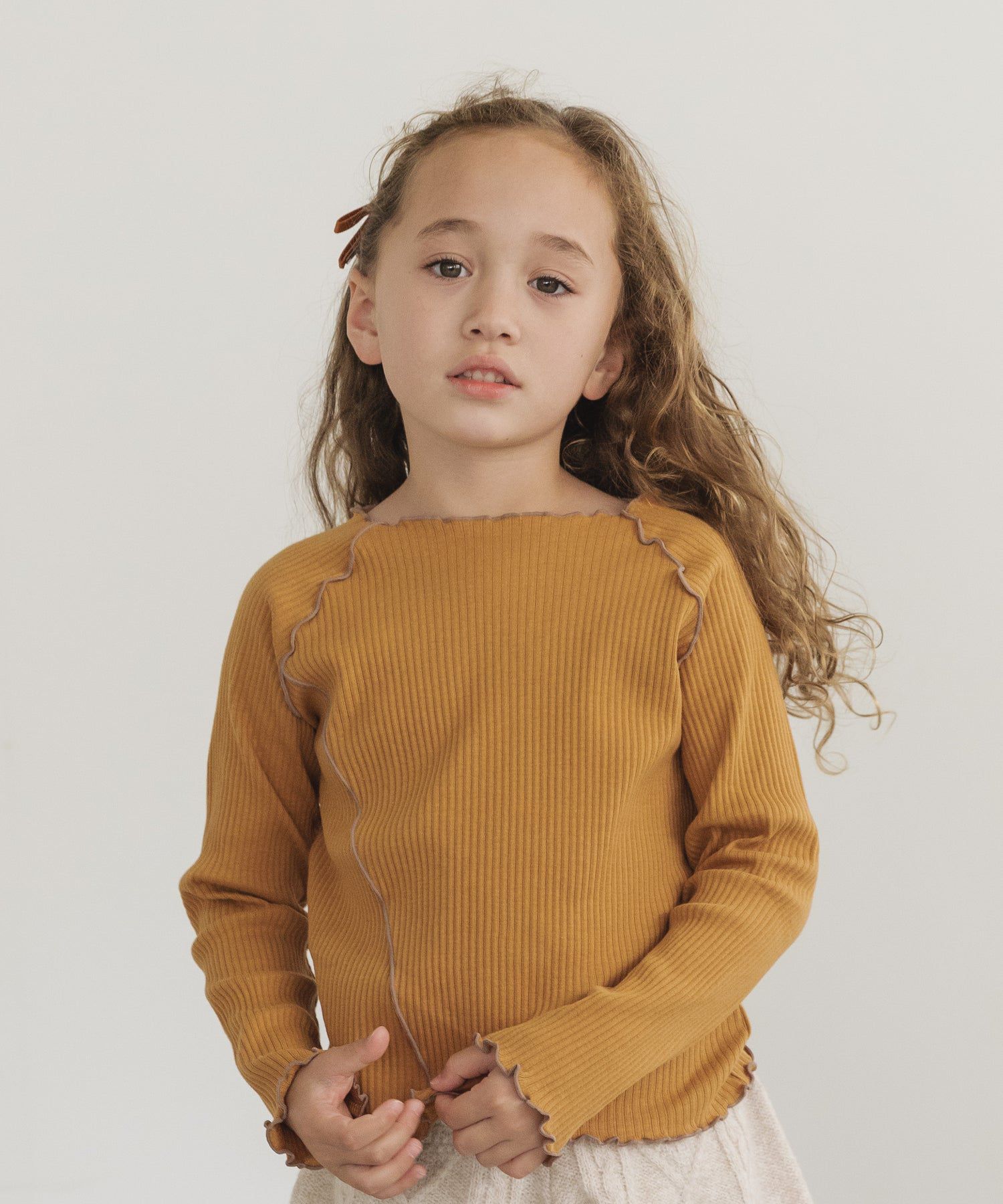 日本 PAIRMANON - 棉100% 羅紋不規則捲捲薄長袖上衣-孩子-櫻花粉｜媽咪愛