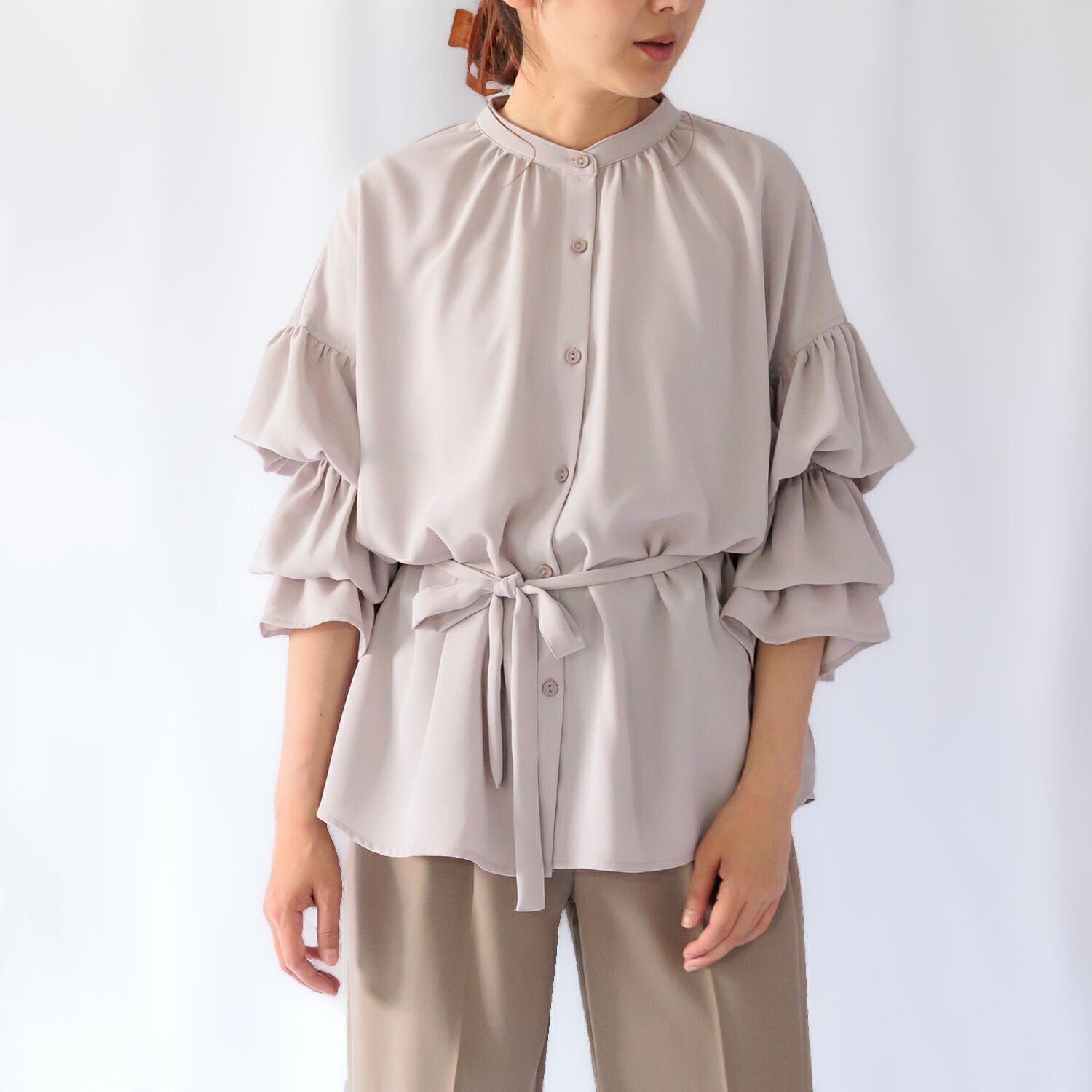 日本 ihuu - 甜美泡泡層次長袖襯衫-黑｜媽咪愛