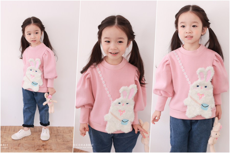 韓國 Coco rabbit - 毛絨白兔裝飾長袖上衣-粉｜媽咪愛