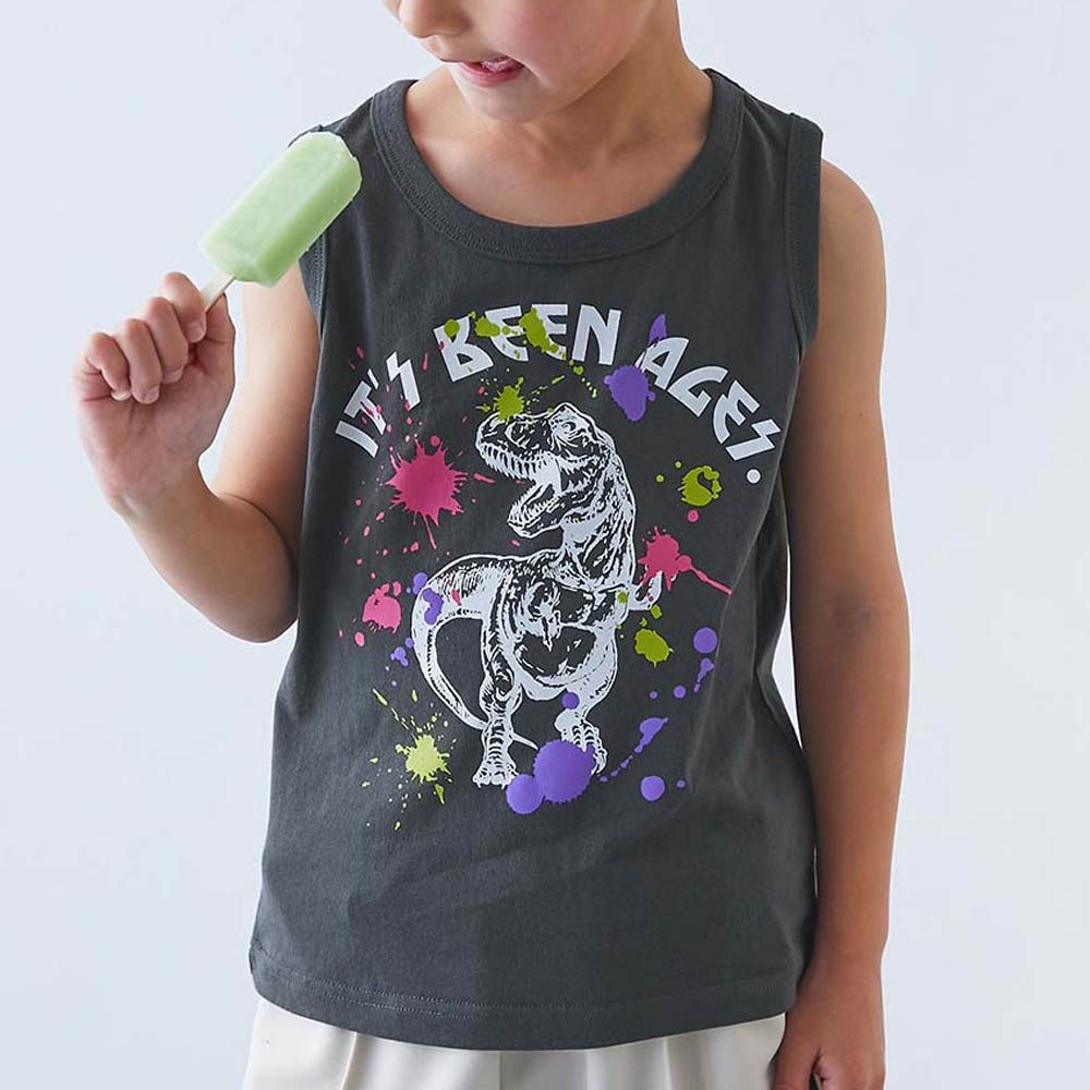 日本 devirock - 100%棉 定番印花無袖上衣-恐龍-深灰｜媽咪愛