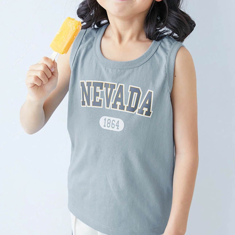 日本 devirock - 100%棉 定番印花無袖上衣-英文logo-灰藍｜媽咪愛