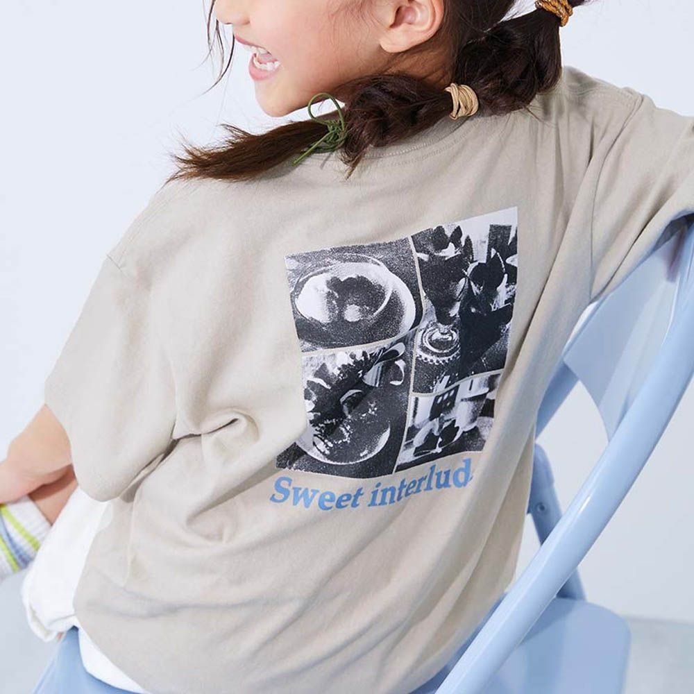 日本 devirock - 100%棉 定番可愛女孩印花短袖上衣-印刷照片-淺灰｜媽咪愛