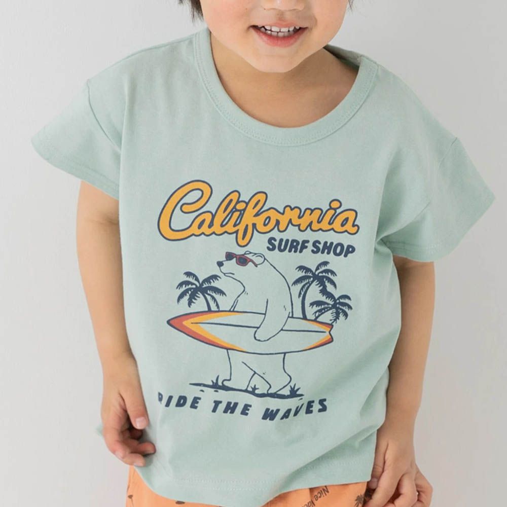 日本 Chil2 - 100%棉 可愛印花短袖上衣-渡假白熊-薄荷綠｜媽咪愛