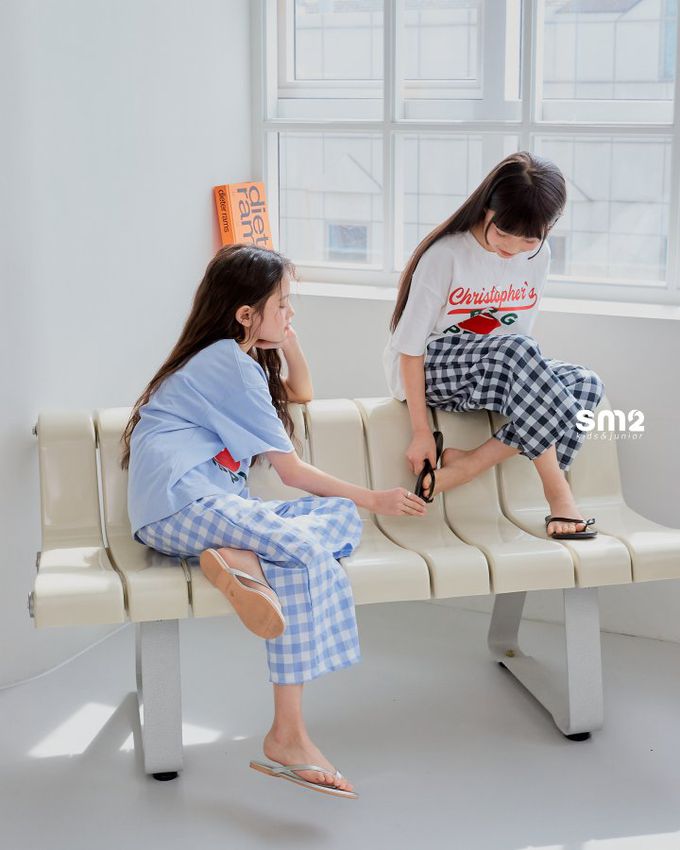 韓國 sm2 - 鬆緊腰寬鬆格子長褲-黑｜媽咪愛