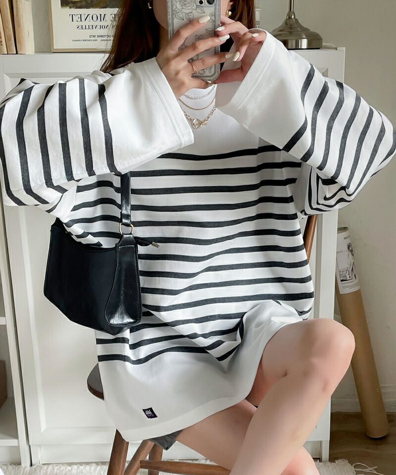 日本 Classical Elf - Java聯名 寬鬆時尚感率性條紋上衣-白底藍條紋｜媽咪愛