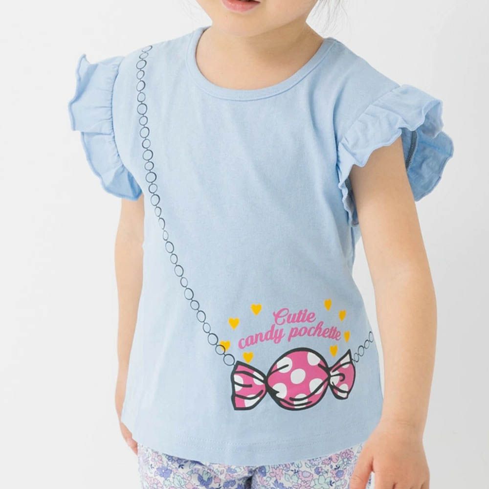 日本 Chil2 - 100%棉 荷葉邊女孩印花短袖上衣-糖果包包-水藍｜媽咪愛