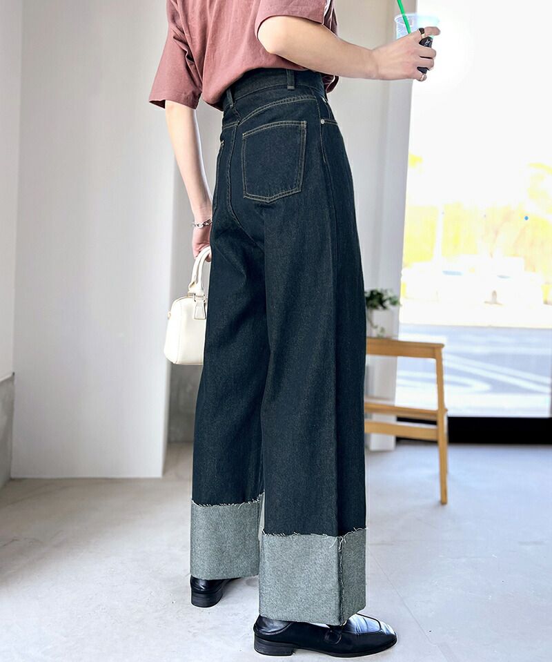 日本 Classical Elf - 美式復古反摺牛仔寬褲-刷舊黑｜媽咪愛