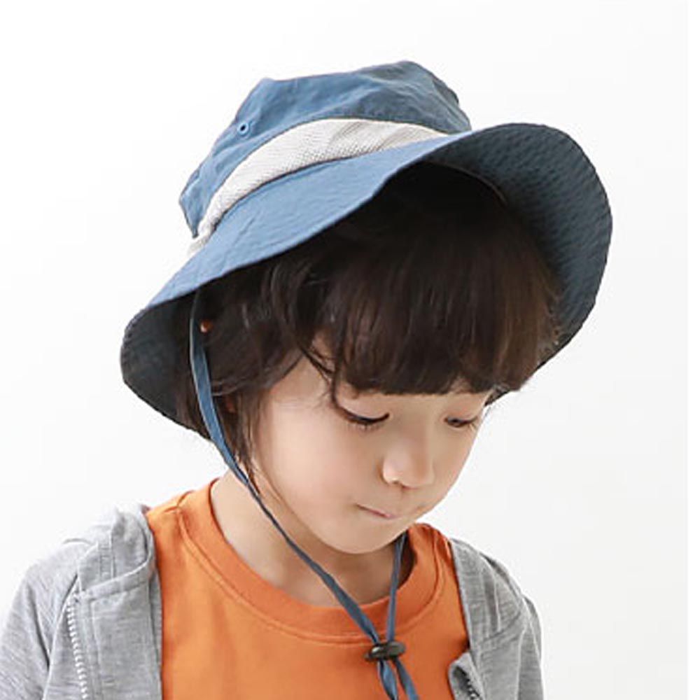 日本 devirock - 90%抗UV防曬遮陽帽(後頸可收納)-藍x灰｜媽咪愛