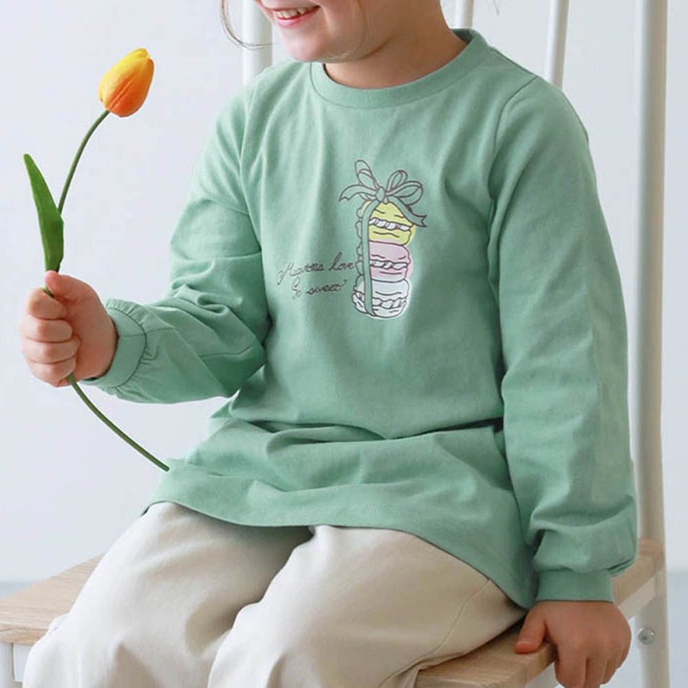 日本 devirock - 100%棉 女孩印花微長版上衣-馬卡龍-薄荷綠｜媽咪愛