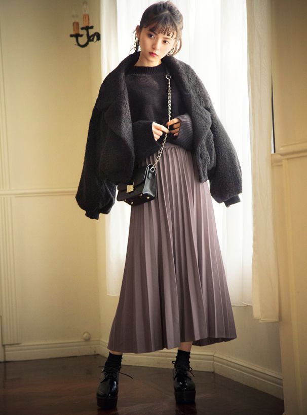 日本 GRL - 氣質修身百摺裙-淺灰杏 (M)｜媽咪愛