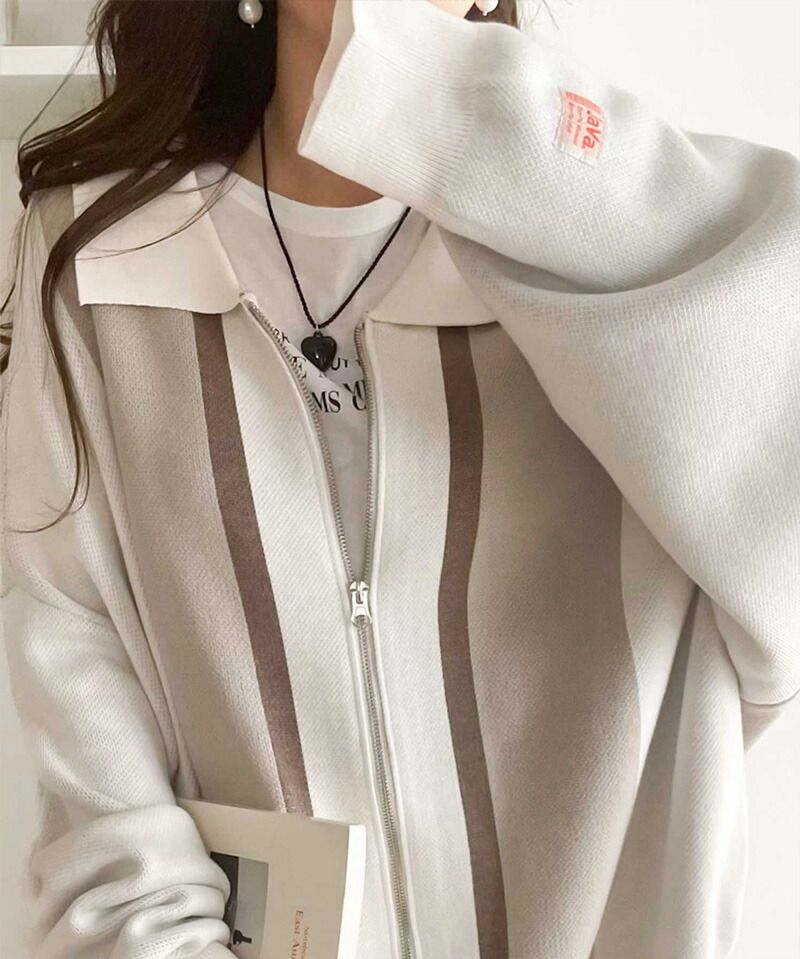 日本 Classical Elf - Java聯名 撞色條紋拉鍊針織薄外套-深藍x紅｜媽咪愛