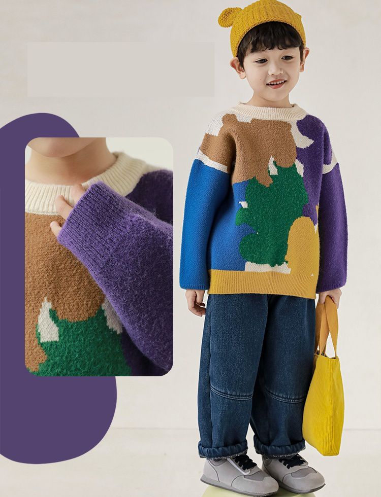 TONGMO - 落肩圓領拼色針織長袖毛衣-杏+藍+紫+黃｜媽咪愛