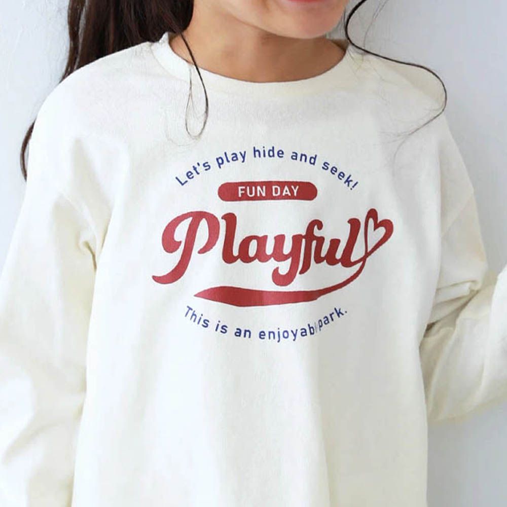 日本 devirock - 100%棉 女孩印花長袖上衣-Playful-米白｜媽咪愛