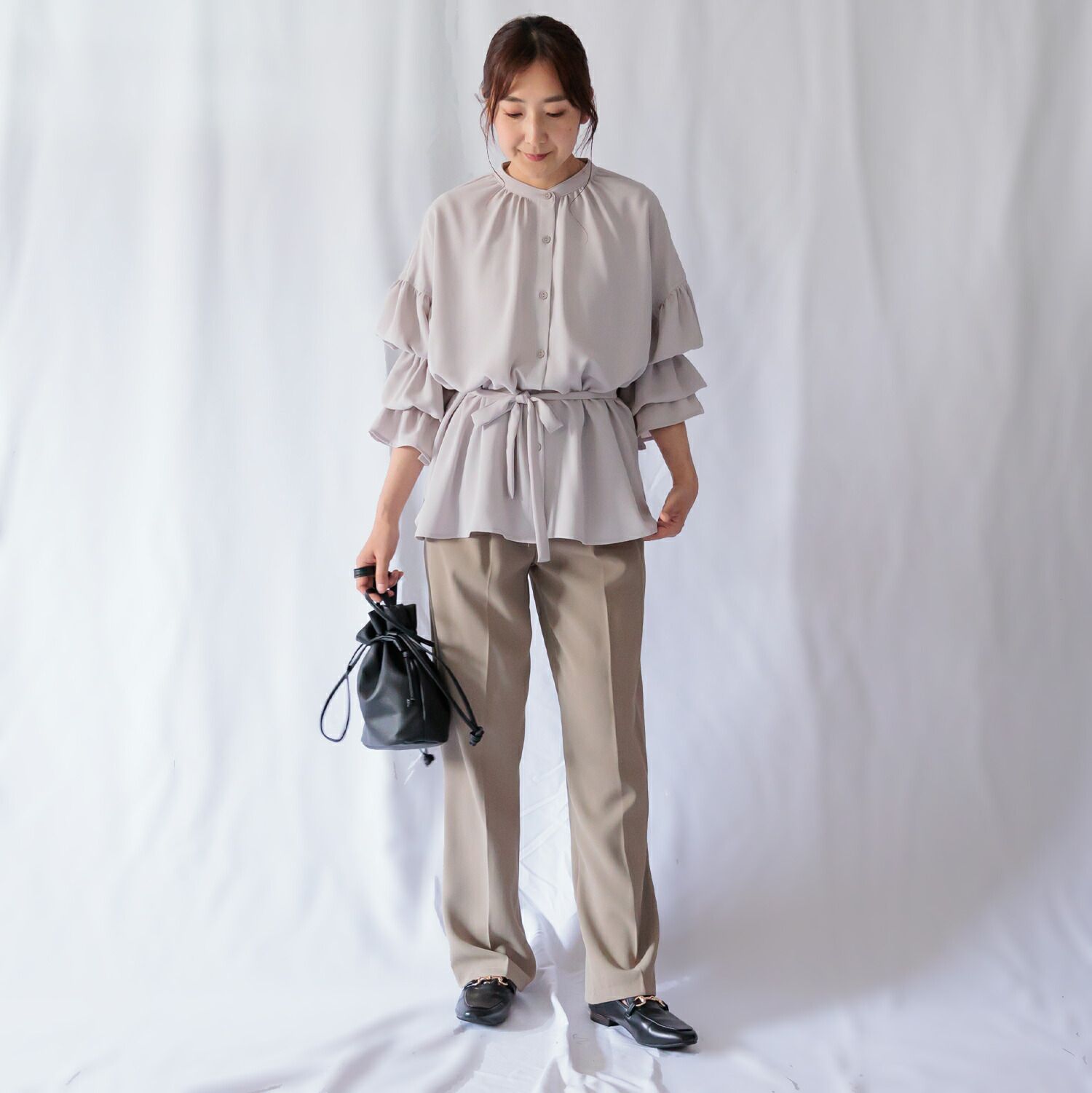 日本 ihuu - 甜美泡泡層次長袖襯衫-水藍｜媽咪愛