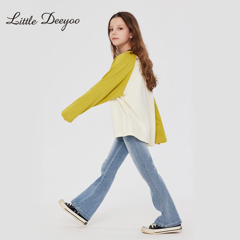 Little Deeyoo - 美式復古純棉拼接寬鬆圓領長袖上衣-英文字母-芥末黃+杏｜媽咪愛