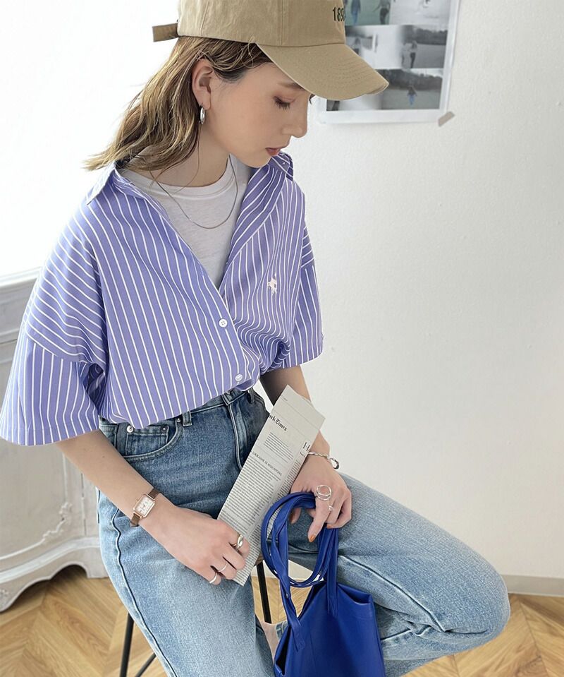 日本 Classical Elf - POLO刺繡經典直條紋短袖襯衫-橘紅｜媽咪愛